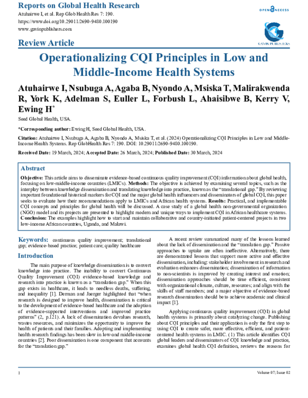 (PDF) Operationalizing CQI Principles in Low and Middle-Income Health ...
