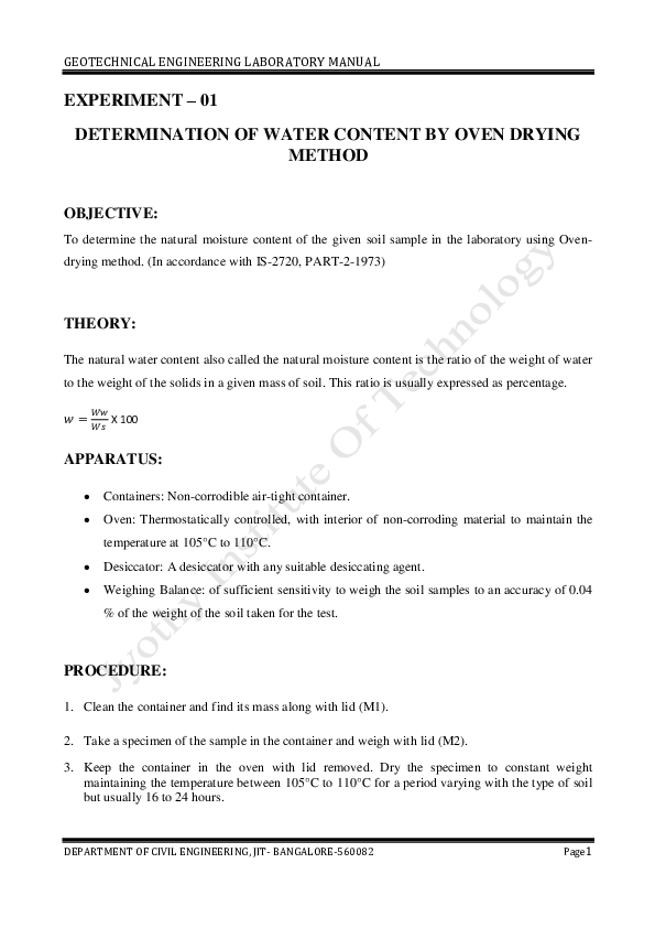 (PDF) EXPERIMENT -01 DETERMINATION OF WATER CONTENT BY OVEN DRYING METHOD
