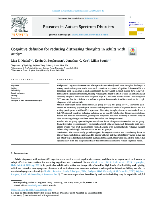 (PDF) Cognitive defusion for reducing distressing thoughts in adults ...