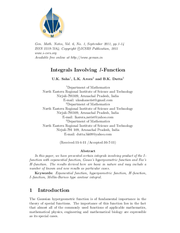 (PDF) Integrals Involving I-Function