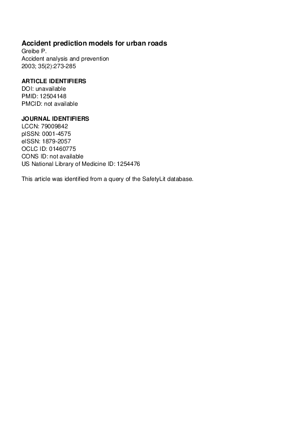 (PDF) Accident prediction models for urban roads