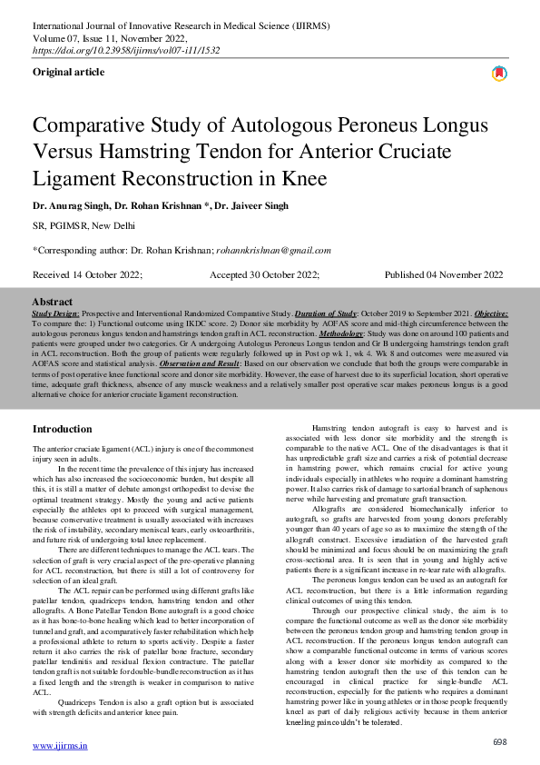 (PDF) Comparative Study of Autologous Peroneus Longus Versus Hamstring ...