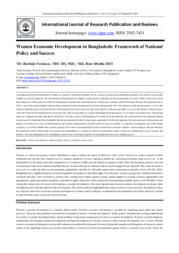 (PDF) Women Economic Development in Bangladesh: Framework of National ...