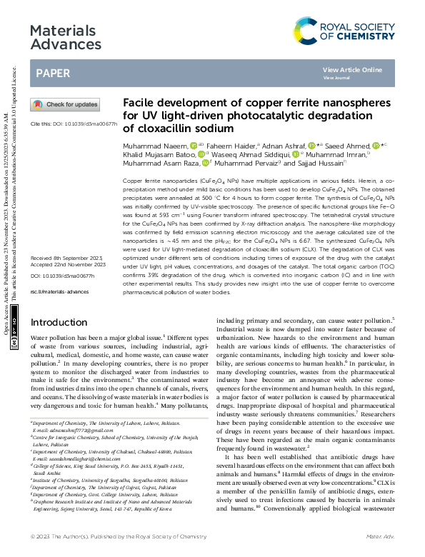 (PDF) Facile development of copper ferrite nanospheres for UV light ...