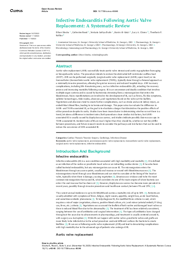 (PDF) Infective Endocarditis Following Aortic Valve Replacement: A Systematic Review