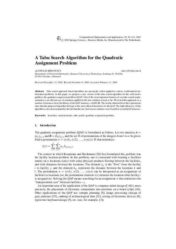 Pdf A Tabu Search Algorithm For The Quadratic Assignment Problem Alfonsas Misevičius 1170