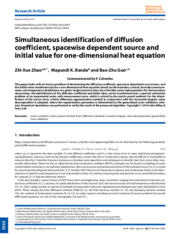 (PDF) Simultaneous identification of diffusion coefficient, spacewise ...