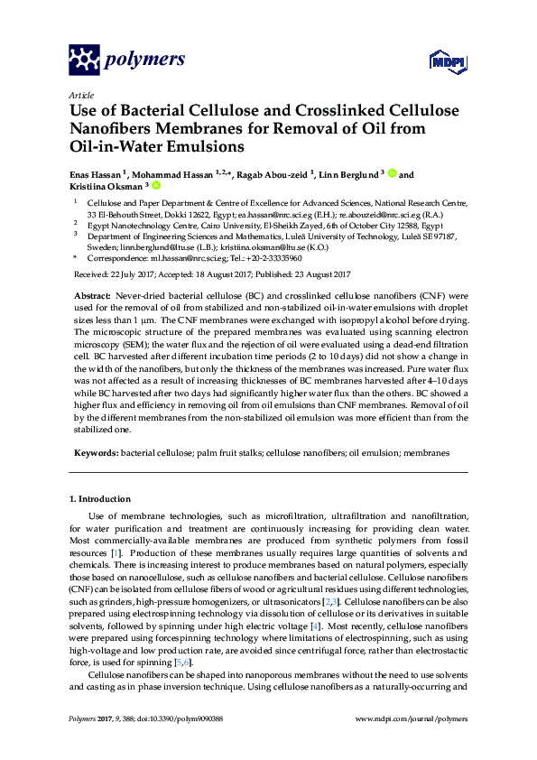 (PDF) Use of Bacterial Cellulose and Crosslinked Cellulose Nanofibers ...