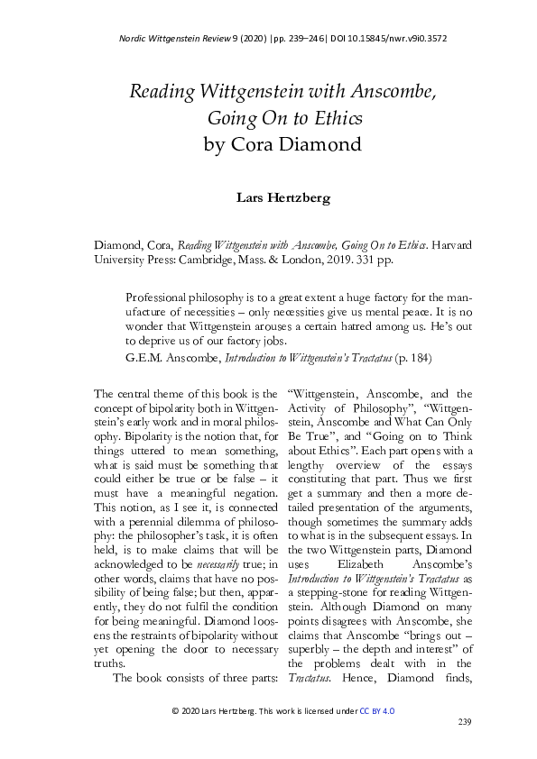 (PDF) Review of Cora Diamond: Reading Wittgenstein with Anscombe, Going ...
