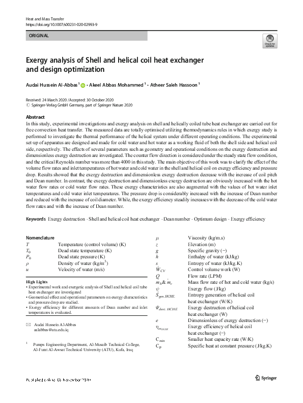 (PDF) Exergy analysis of Shell and helical coil heat exchanger and ...