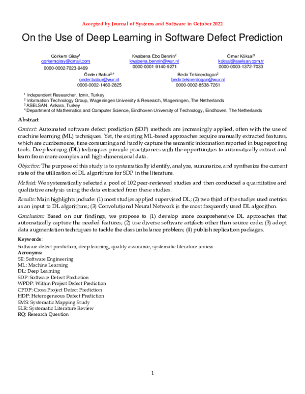 (PDF) On the Use of Deep Learning in Software Defect Prediction