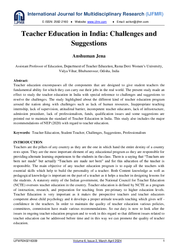 (PDF) Teacher Education in India: Challenges and Suggestions
