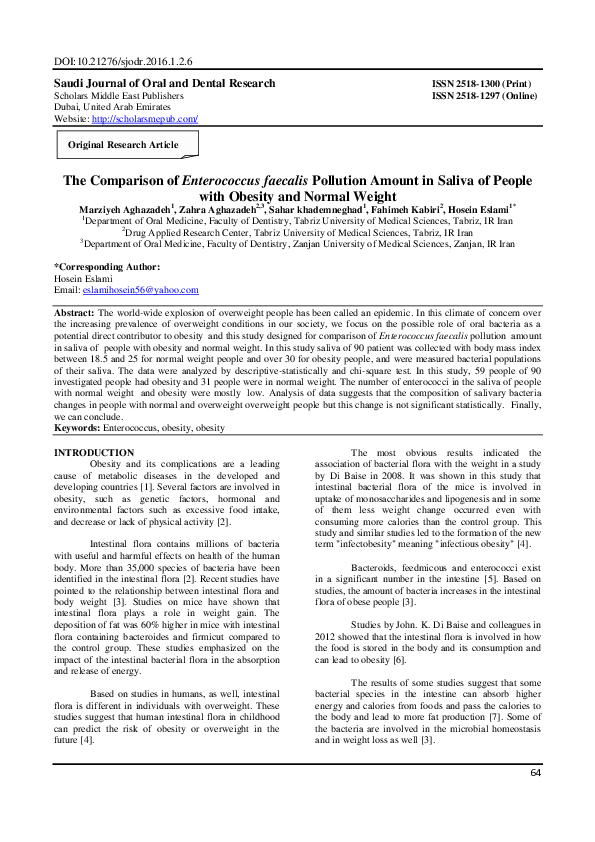 Pdf The Comparison Of Enterococcus Faecalis Pollution Amount In Saliva Of People With Obesity
