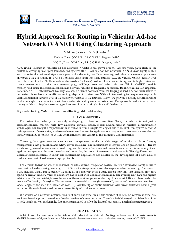 (PDF) Hybrid Approach for Routing in Vehicular Ad-hocNetwork (VANET) Using Clustering Approach