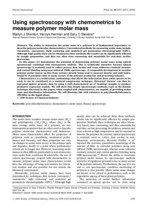(PDF) Using spectroscopy with chemometrics to measure polymer molar mass