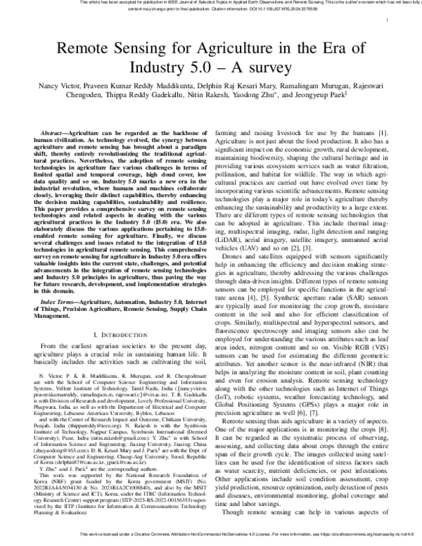(PDF) Remote Sensing for Agriculture in the Era of Industry 5.0 – A survey