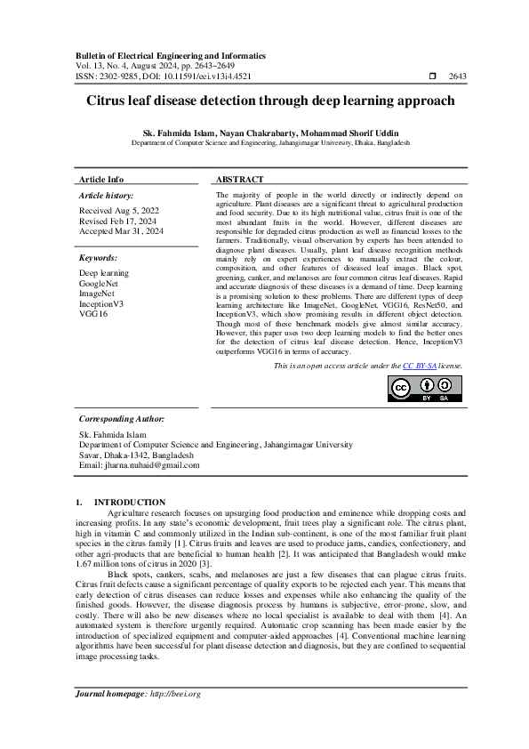 Pdf Citrus Leaf Disease Detection Through Deep Learning Approach