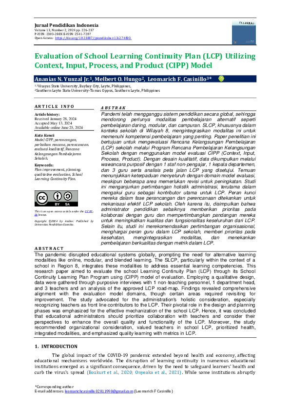 (PDF) Evaluation of School Learning Continuity Plan (LCP) Utilizing ...
