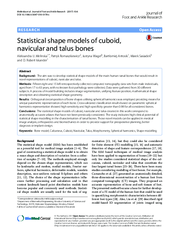 (PDF) Statistical shape models of cuboid, navicular and talus bones | Marek Sąsiadek - Academia.edu