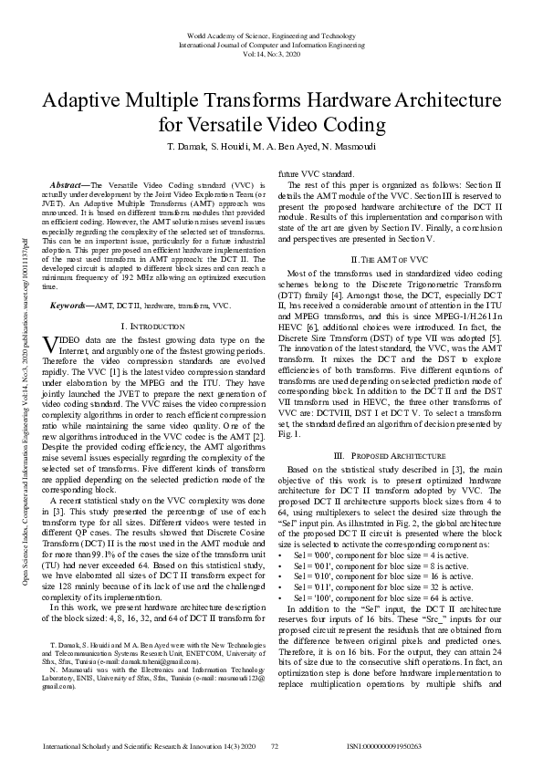 (PDF) Adaptive Multiple Transforms Hardware Architecture for Versatile Video Coding | T. Damak ...