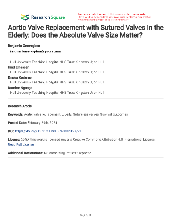 (PDF) Aortic Valve Replacement with Sutured Valves in the Elderly: Does ...