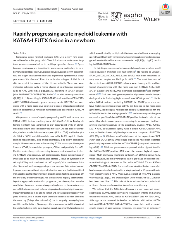 (PDF) Rapidly progressing acute myeloid leukemia with KAT6A‐LEUTX ...