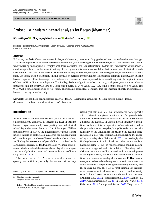 (PDF) Probabilistic seismic hazard analysis for Bagan (Myanmar)