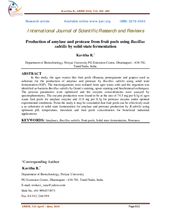 (PDF) Production of amylase and protease from fruit peels using Bacillus subtilis by solid-state ...