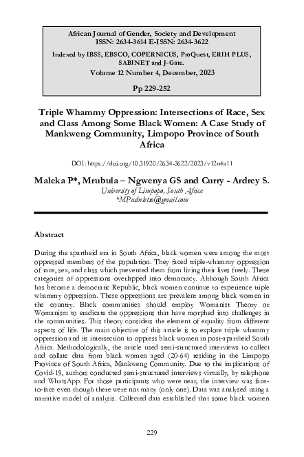 (PDF) Triple Whammy Oppression: Intersection of Race, Sex and Class Among Some Black Women:A ...