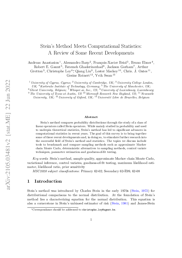 (PDF) Stein's Method Meets Statistics: A Review of Some Recent Developments