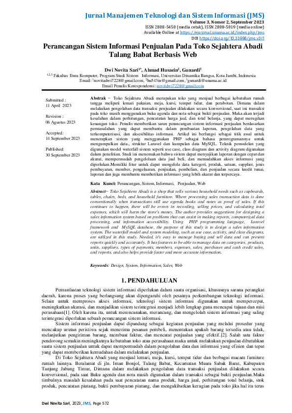 (PDF) Perancangan Sistem Informasi Penjualan Pada Toko Sejahtera Abadi Talang Babat Berbasis Web
