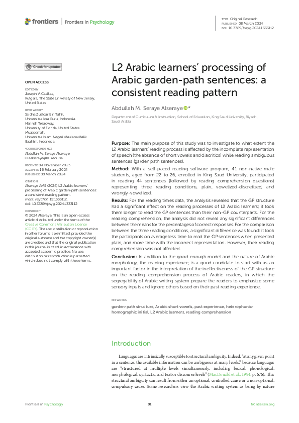 (PDF) L2 Arabic learners’ processing of Arabic garden-path sentences: a consistent reading pattern