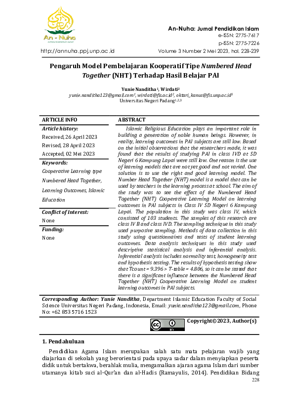 (PDF) Pengaruh Model Pembelajaran Kooperatif Tipe Numbered Head Together (NHT) Terhadap Hasil ...