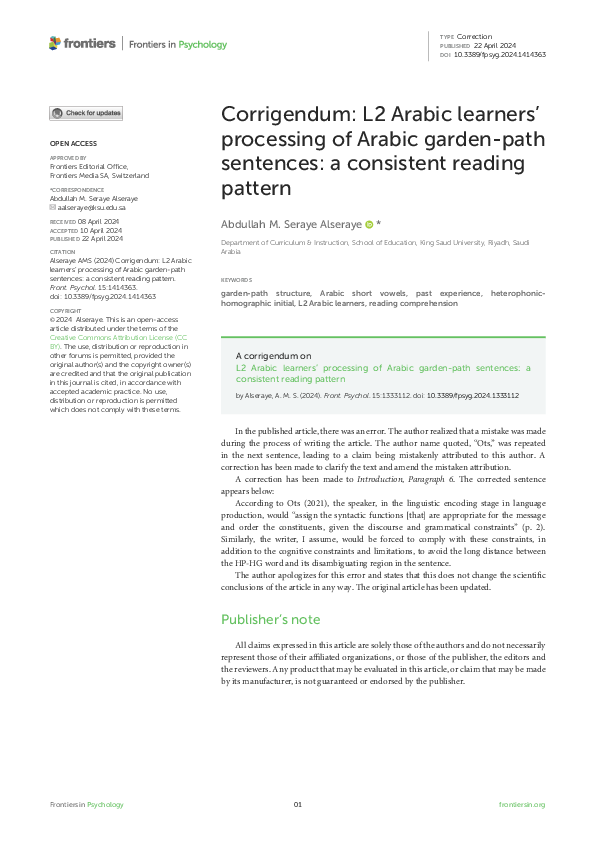 (PDF) Corrigendum: L2 Arabic learners' processing of Arabic garden-path ...