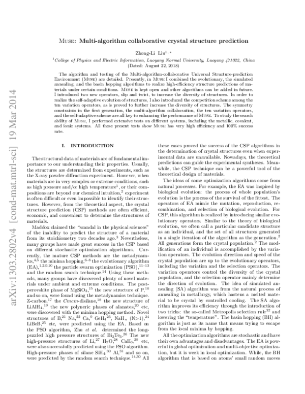 (PDF) Muse: Multi-algorithm collaborative crystal structure prediction
