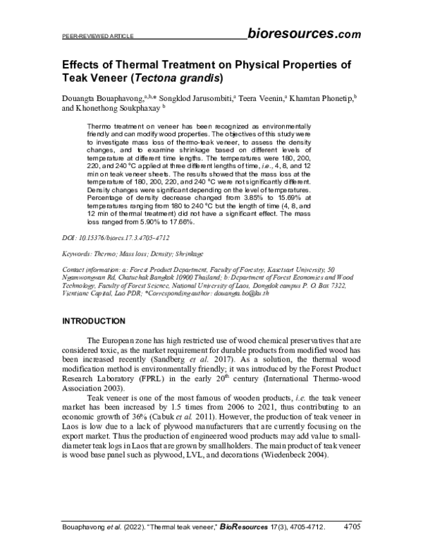(PDF) Effects of thermal treatment on physical properties of teak veneer (Tectona grandis)