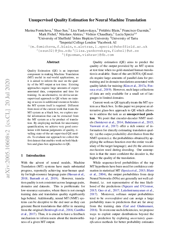 (PDF) Unsupervised Quality Estimation for Neural Machine Translation | Lisa Yankovskaya ...