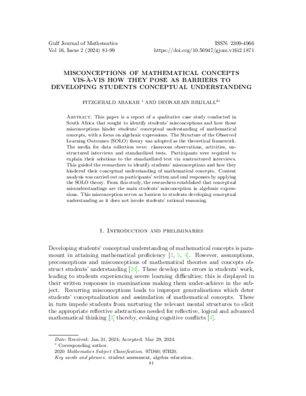 (PDF) Misconceptions of mathematical concepts vis-à-vis how they pose as barriers to developing ...