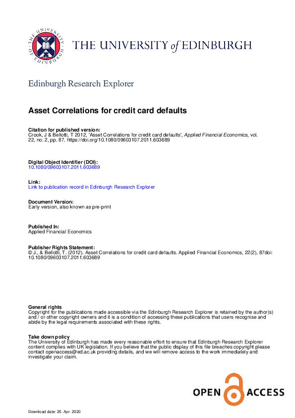 (PDF) Asset correlations for credit card defaults