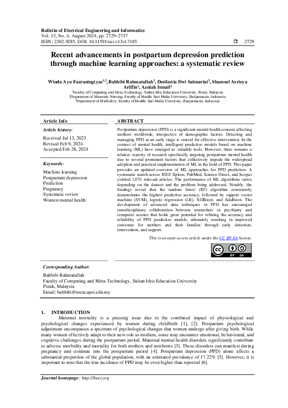 (PDF) Recent advancements in postpartum depression prediction through machine learning ...