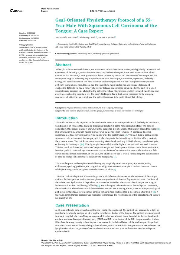 (PDF) Goal-Oriented Physiotherapy Protocol of a 55-Year Male With Squamous Cell Carcinoma of the ...