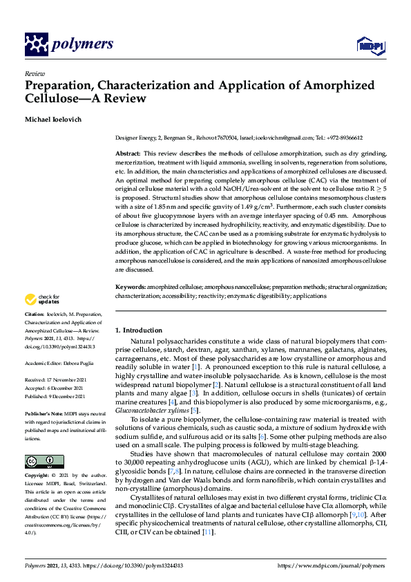 (PDF) Preparation, Characterization and Application of Amorphized Cellulose—A Review