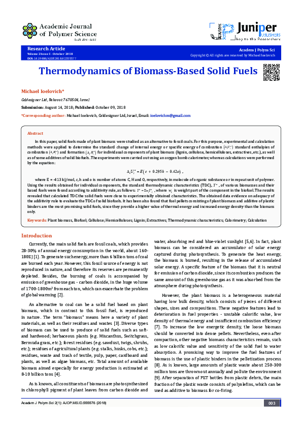 (PDF) Thermodynamics of Biomass-Based Solid Fuels
