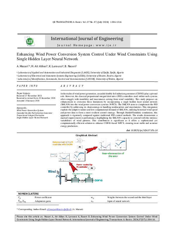 (PDF) Enhancing Wind Power Conversion System Control Under Wind Constraints Using Single Hidden ...