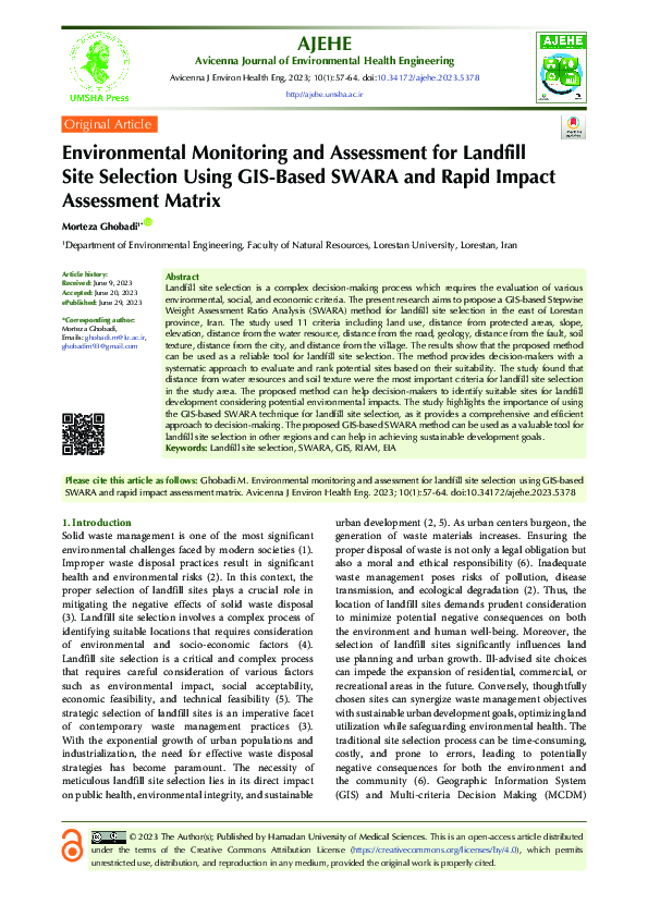 (PDF) Environmental Monitoring and Assessment for Landfill Site Selection Using GIS-Based SWARA ...