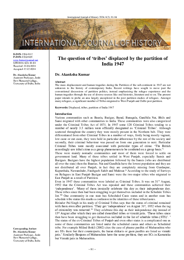(PDF) The question of ‘tribes’ displaced by the partition of India 1947