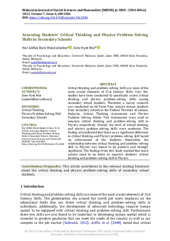 (PDF) Assessing Students’ Critical Thinking and Physics Problem-Solving ...