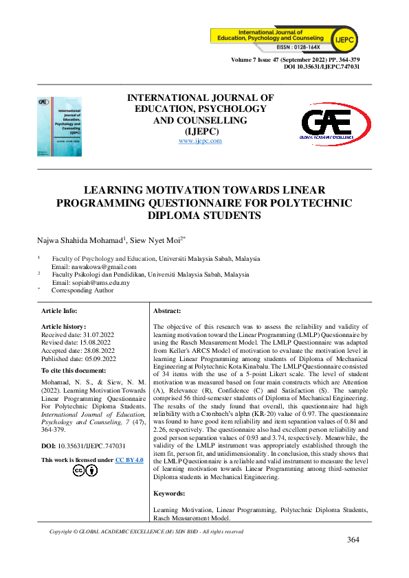 (PDF) Learning Motivation Towards Linear Programming Questionnaire for Polytechnic Diploma ...