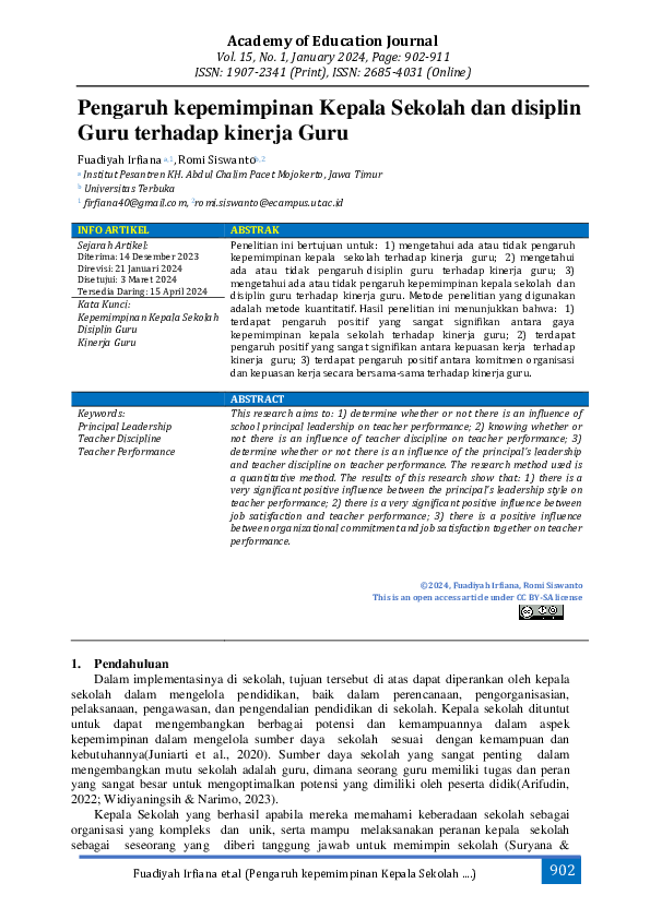 (PDF) Pengaruh Kepemimpinan Kepala Sekolah dan Disiplin Guru terhadap Kinerja Guru