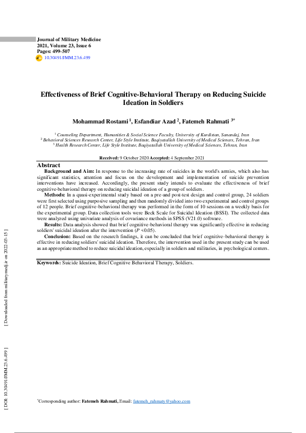 (PDF) Effectiveness of Brief Cognitive-Behavioral Therapy on Reducing Suicide Ideation in Soldiers